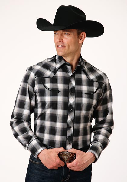 Roper Men's LS Embroidered Smiley Pocket Western Shirt 100100163054BL