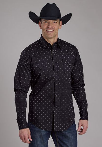 Roper Black Broken Diamonds Print Men's Collared Longsleeve Snap Shirt