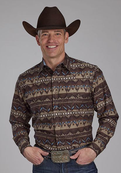 Roper Distressed Horizontal Aztec Print Men's Collared Longsleeve Snap