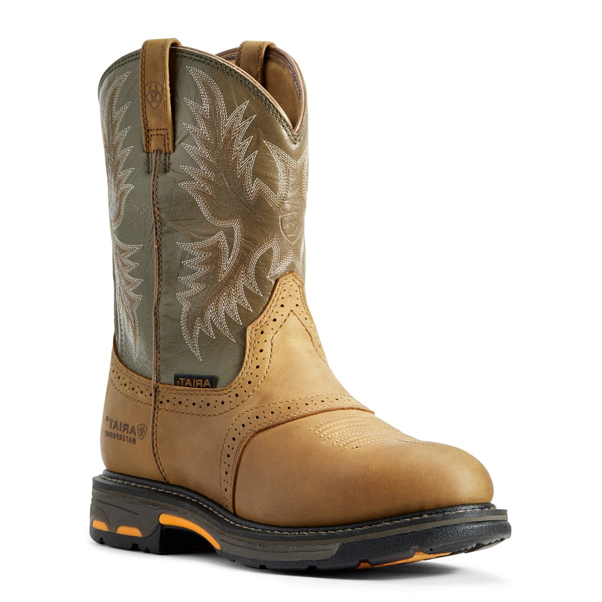 Ariat Aged Bark/Army Green Workhog Waterproof Ariat Mens Work Boots 10