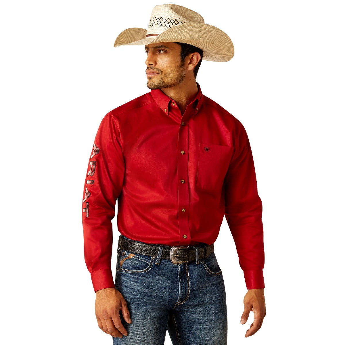 Ariat Red Team Logo Twill Men's Collared Long Sleeve Button Down Shirt