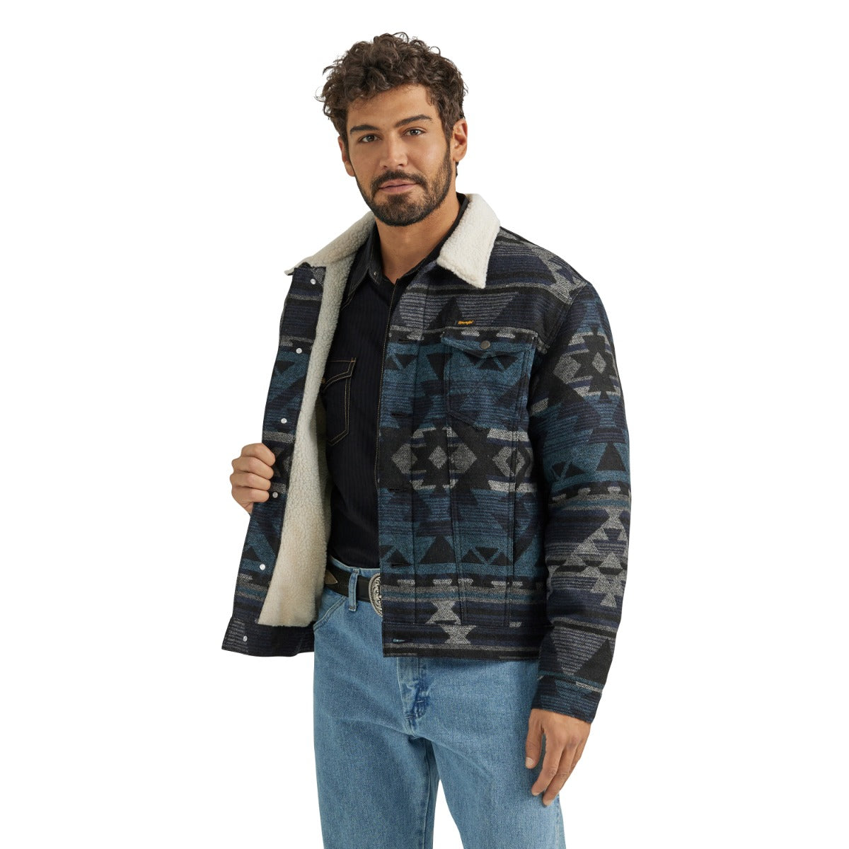 Wrangler Navy Waters Sherpa Lined Men's Jacquard Print Jacket with Spr
