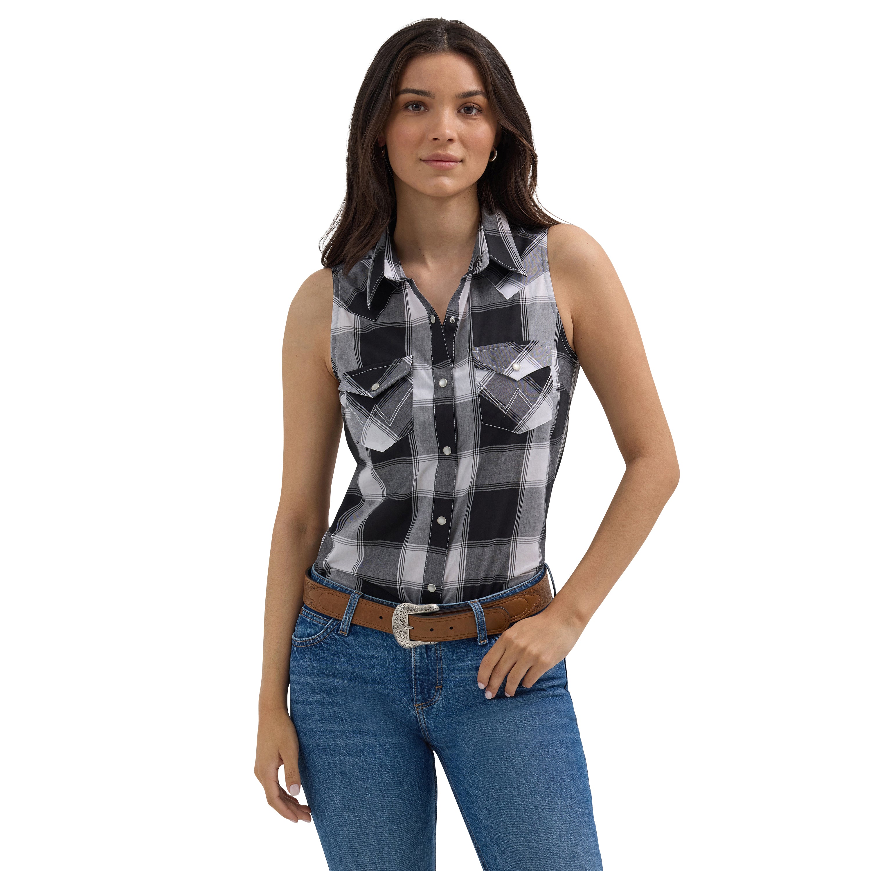 Wrangler Black Buffalo Plaid Women's Essential Western Collared Snap T