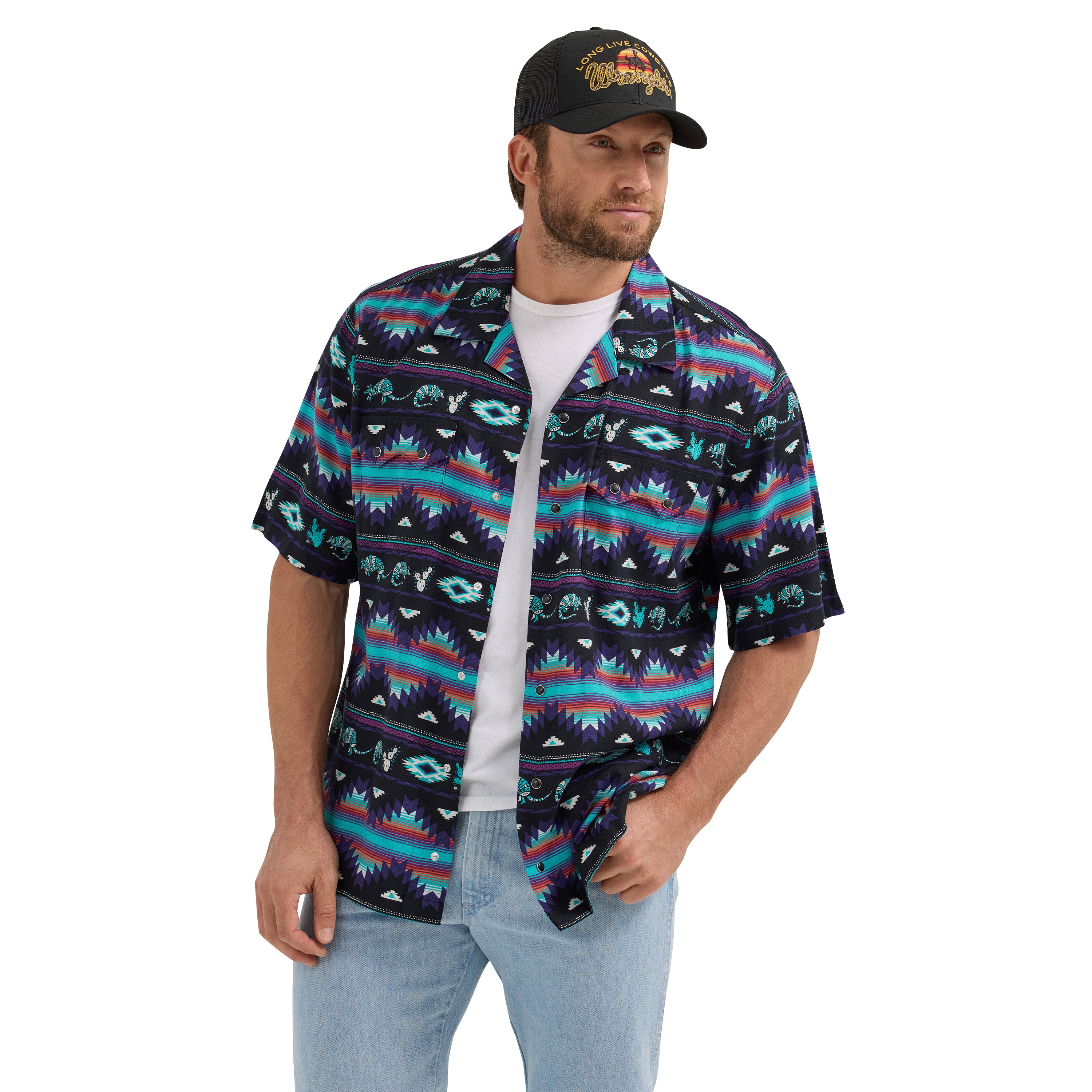 Wrangler Black Multi Coconut Cowboy Men's Collared Classic Fit Short S