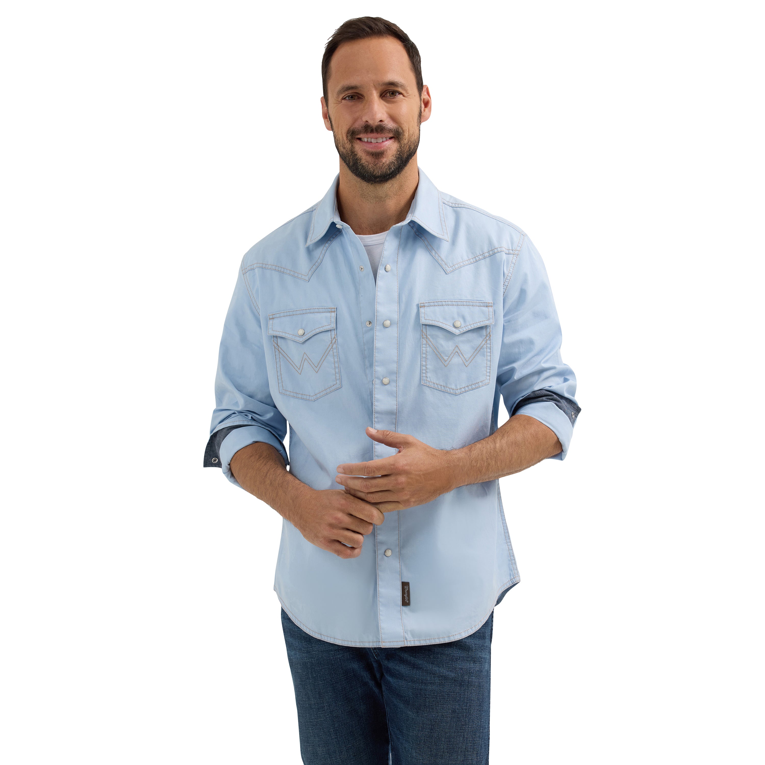 Wrangler Ice Blue Retro Premium Men's Longsleeve Collared Western Snap
