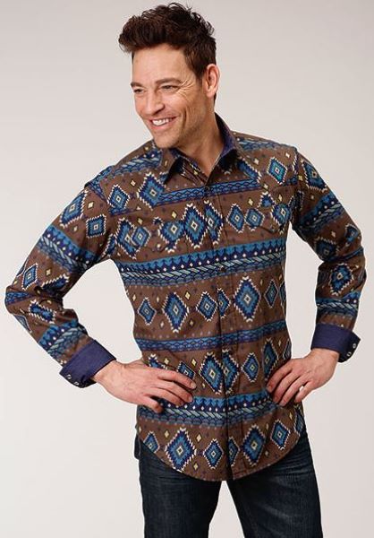 Roper Chocolate Aztec Print Men's Long Sleeve Snap Front 300100670760B