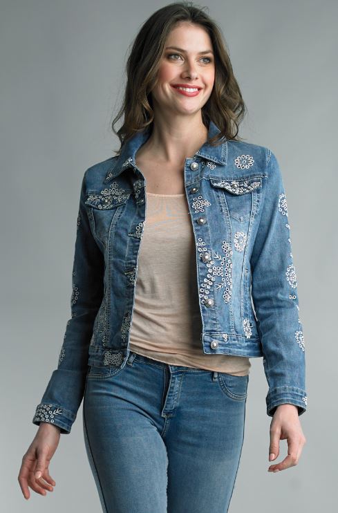 Tempo Paris Women's Blue Embroidered Eyelet Denim Jacket with Floral p