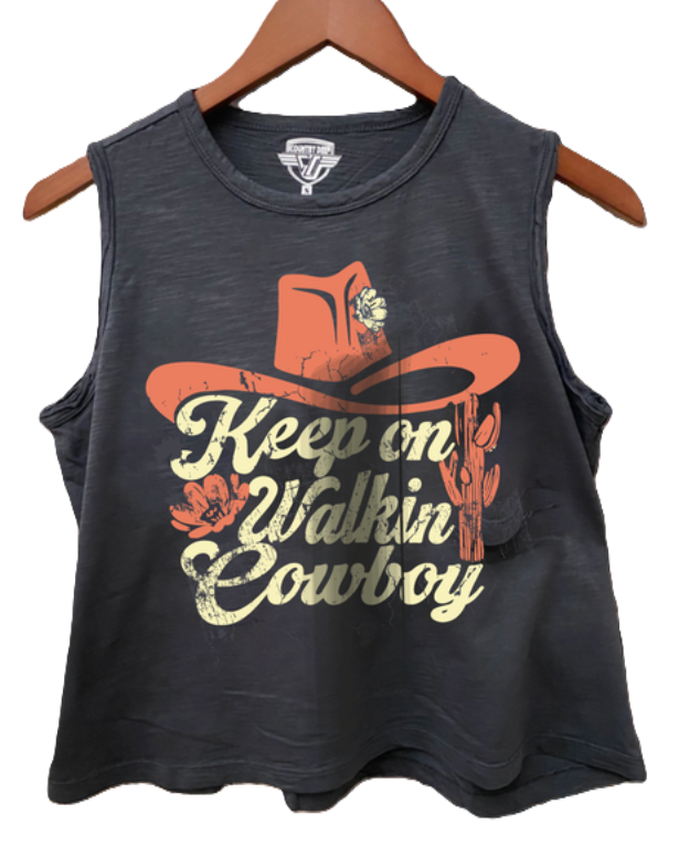 Country Deep Black Keep On Walkin Cowboy Women's Muscle Crop Tank Top