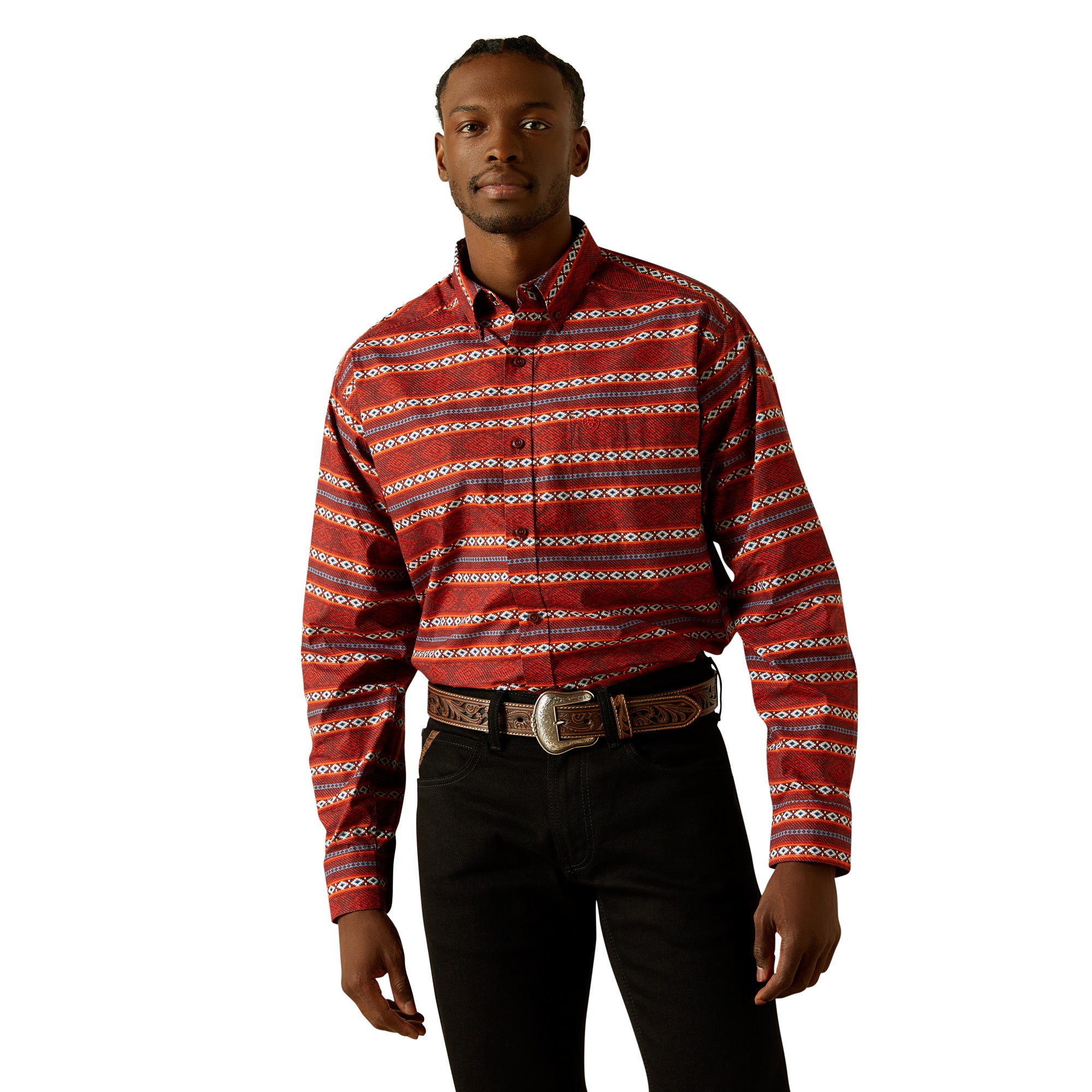 Ariat Red with Aztec Print/Stripe Tiago Men's Collared Button Front Lo
