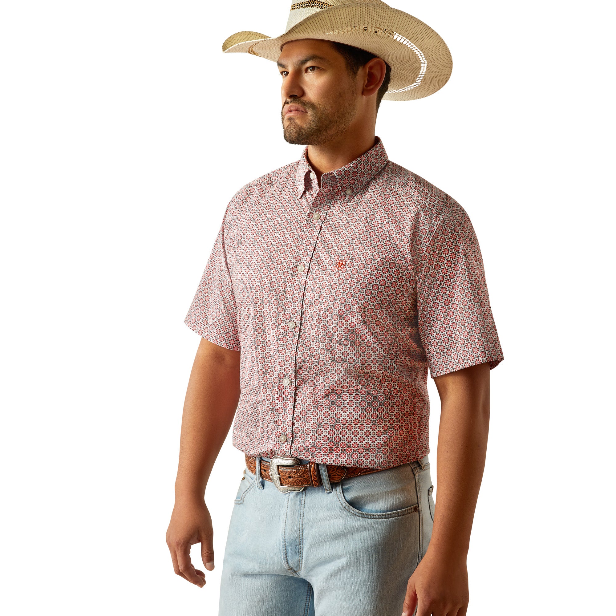 Ariat Red with print Welch Men's Collared Classic Fit Short Sleeve But