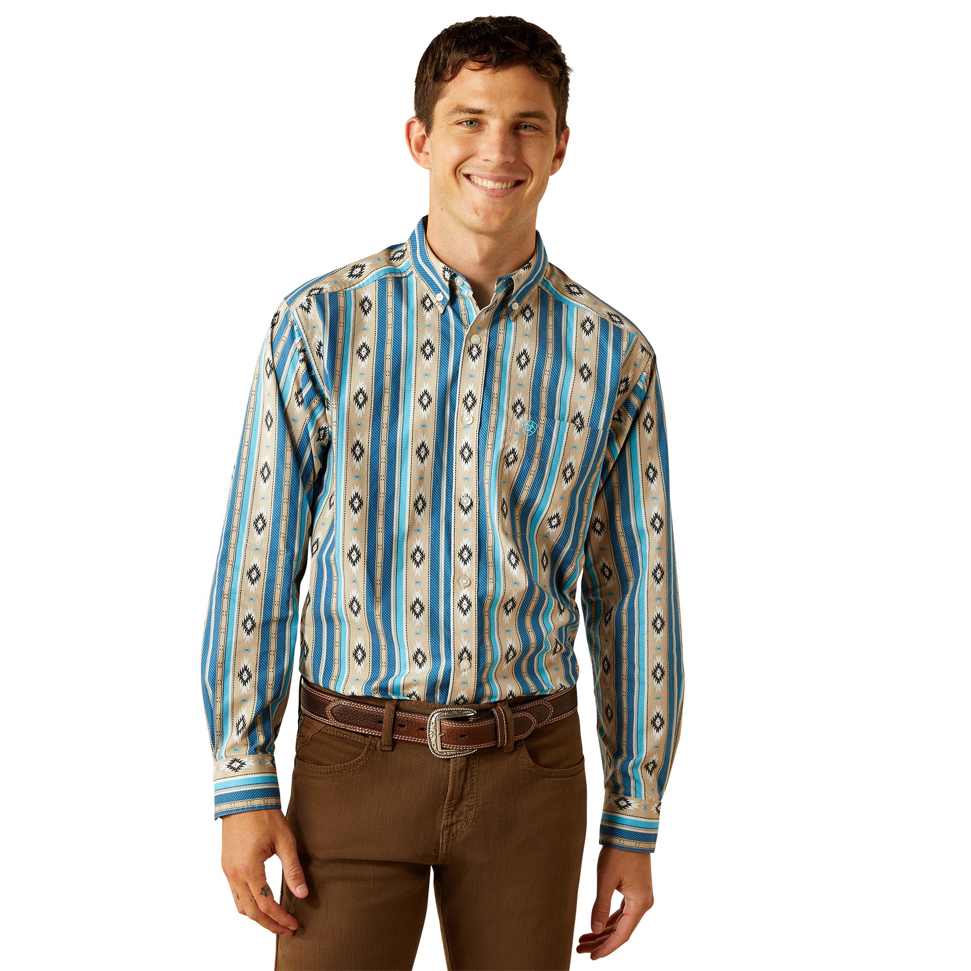 Ariat Khaki/Blue Stripes with Aztec Print Shiloh Men's Collared Classi