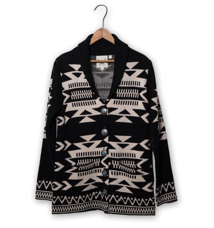 Cotton & Rye Black/White Women's Shawl Collar Aztec Print Cardigan CRK