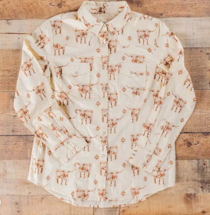 Cotton & Rye Ivory/Rust Longhorn Print 'The Stockyards' Women's Colla