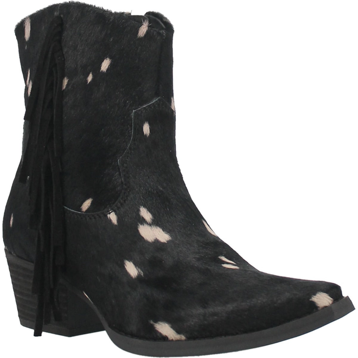 Dingo Black Hair We Go Ladies Cow Print Fringe Short Boot DI351