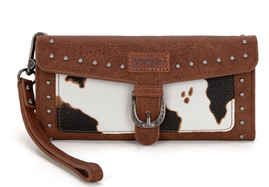 Wrangler Brown Western Cow-Print Tri-fold RFID Wallet/Wristlet with De